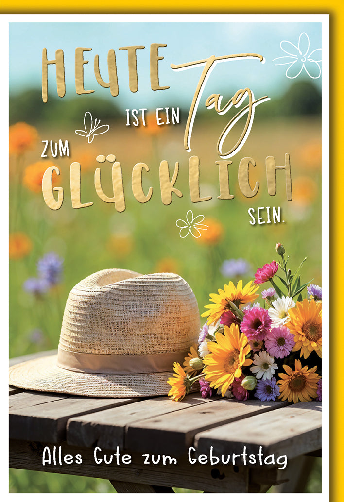 Geburtstagskarte Blumen: Strohhut mit buntem Wildblumenstrauß, emotion ...